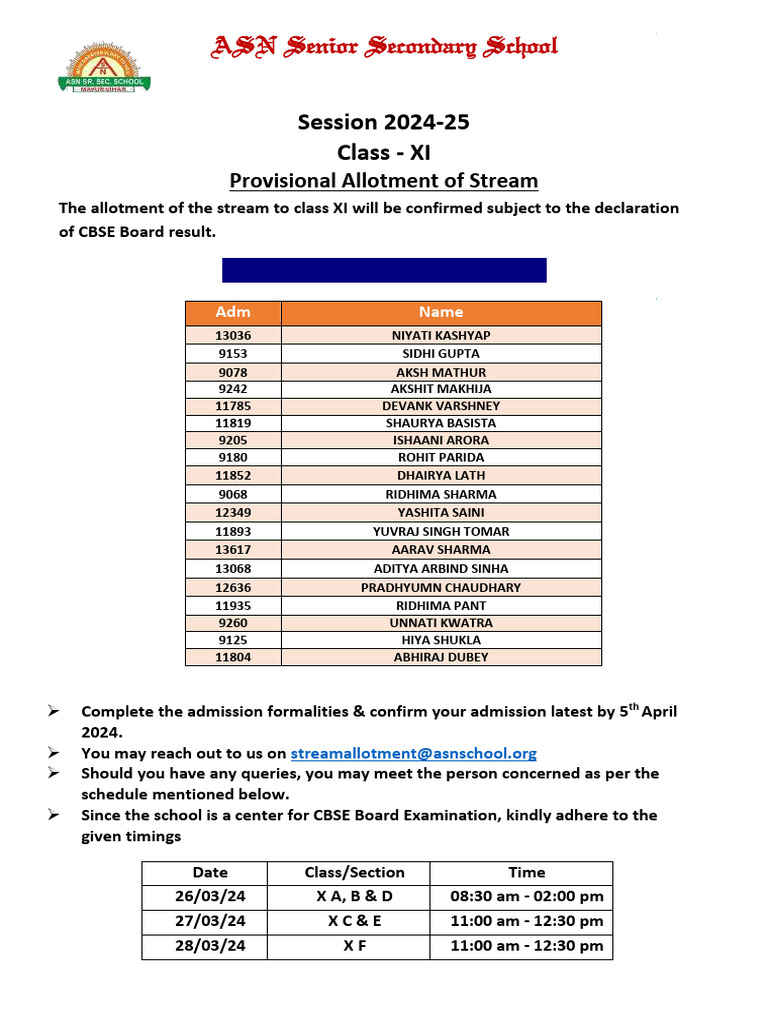 Class XI Stream Allotment 2024 25 | PDF | Science