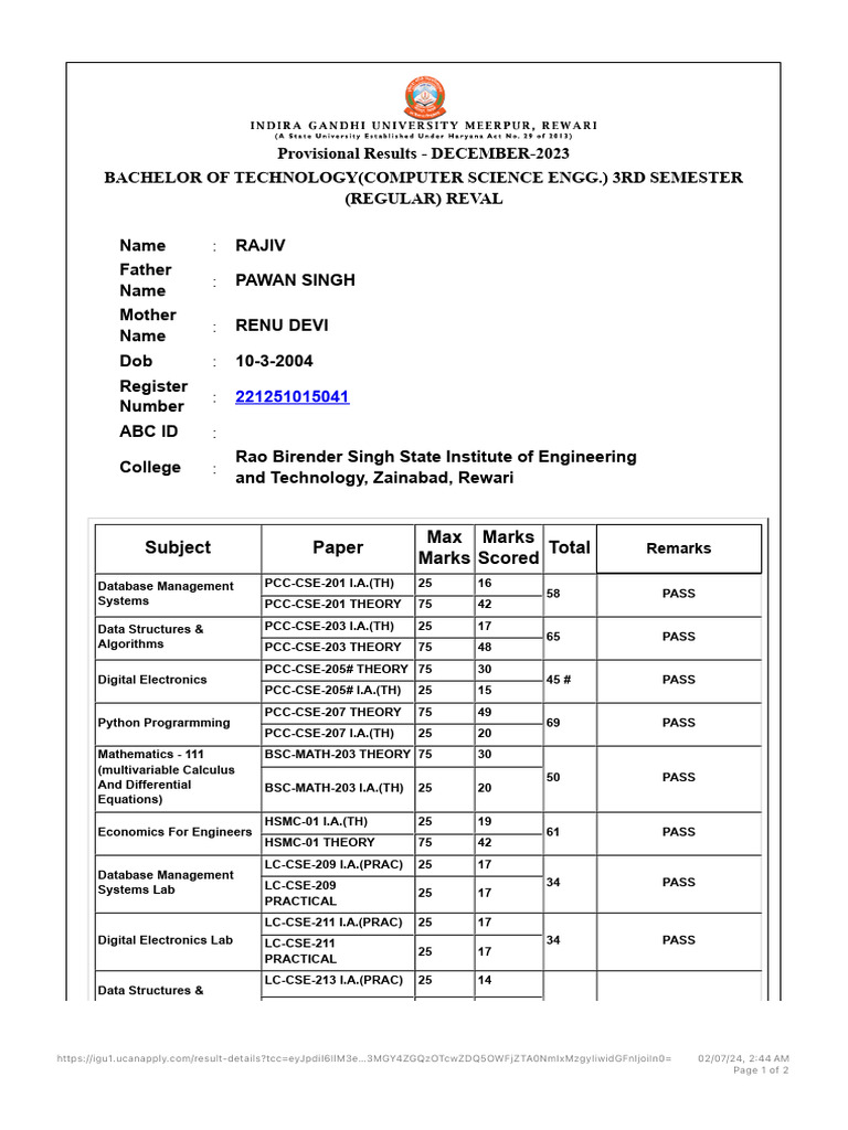 December 2023 B.Tech 3rd Sem Results | PDF | Applied Mathematics | Computer Science