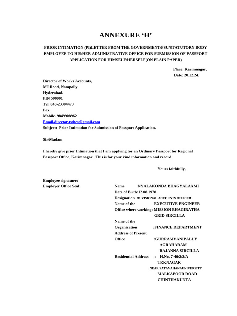 Prior Intimation Letter for Passport | PDF