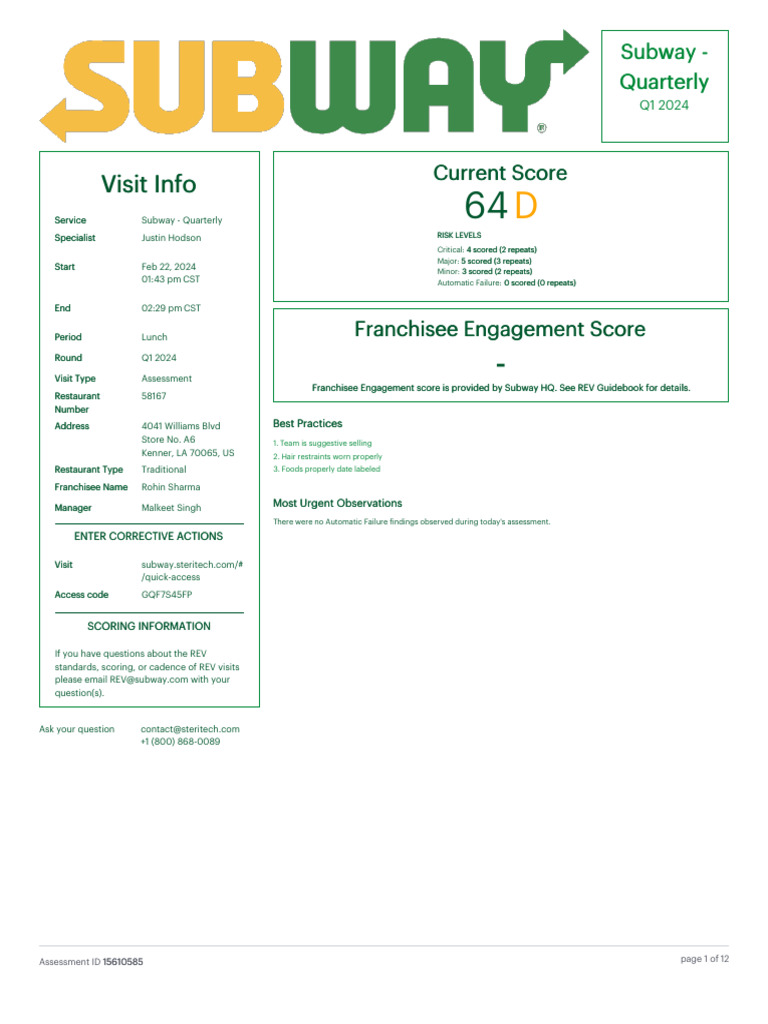 Subway-Quarterly 58167 02-22-2024 | PDF | Hand Washing