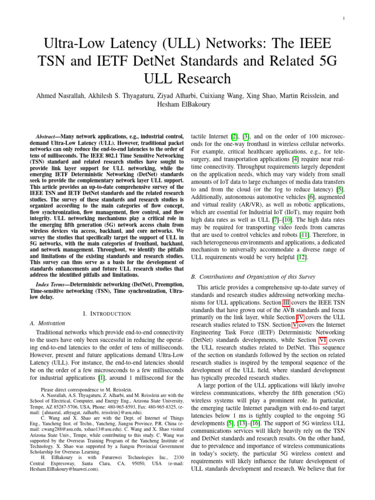 Ultra-Low Latency (Ull) Networks: The Ieee TSN and Ietf Detnet Standards and Related 5G Ull ...