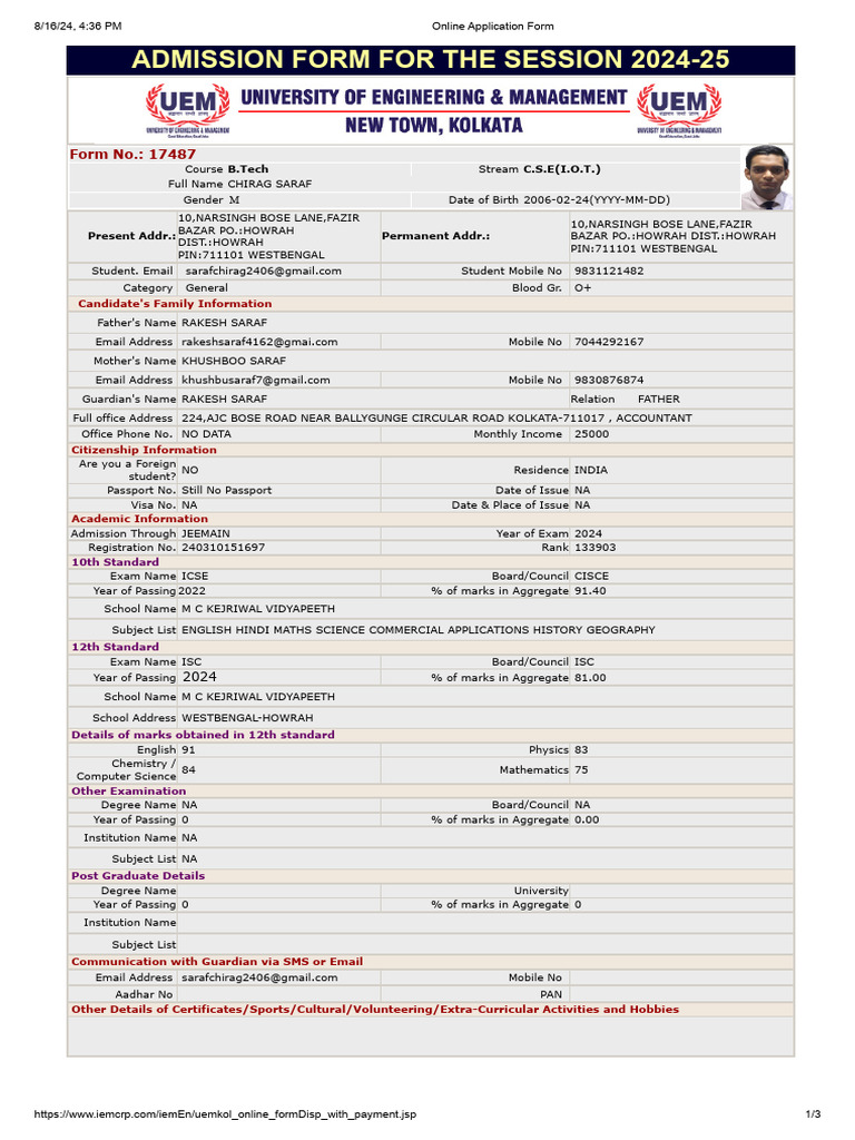 Online Application (Admission) Form UEM | PDF | University