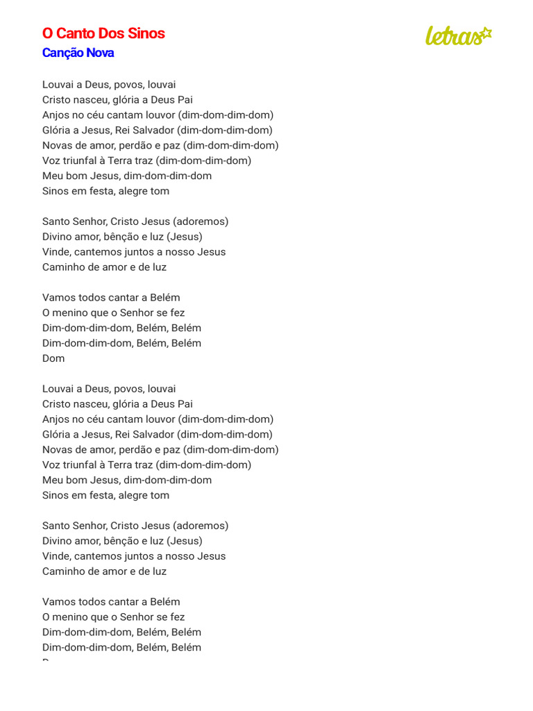 O Canto Dos Sinos - Canção Nova (Impressão) | PDF