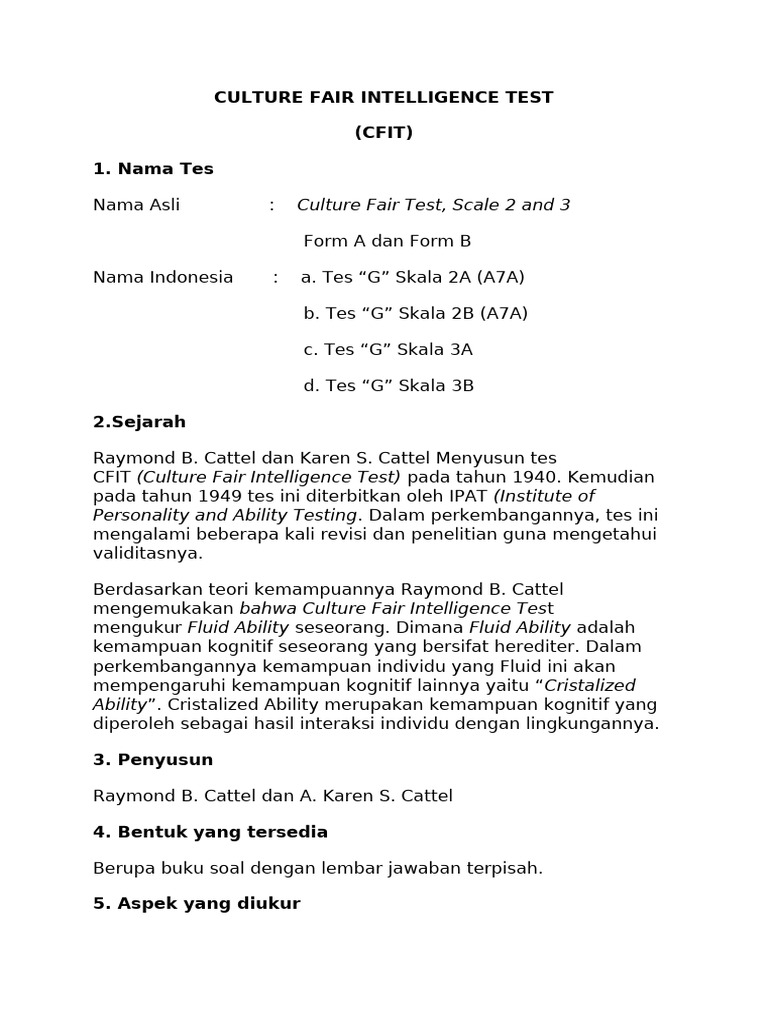 Culture Fair Intelligence Test (Cfit) | PDF