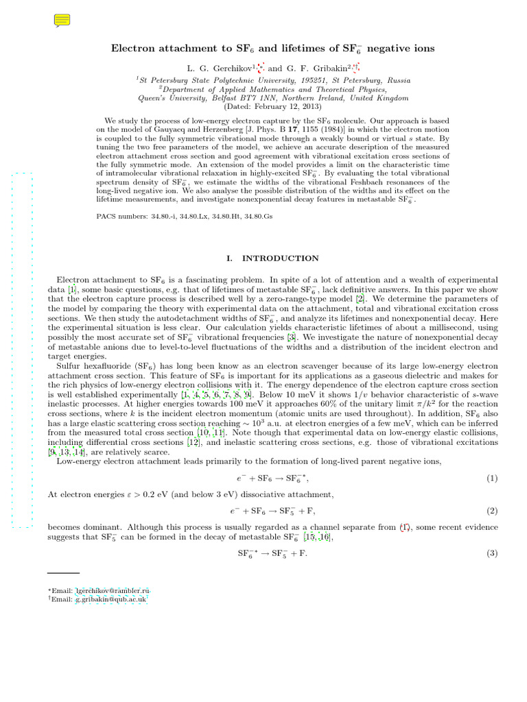 Electron Attachment To SF6 and Lifetimes of SF | PDF | Electron | Cross ...