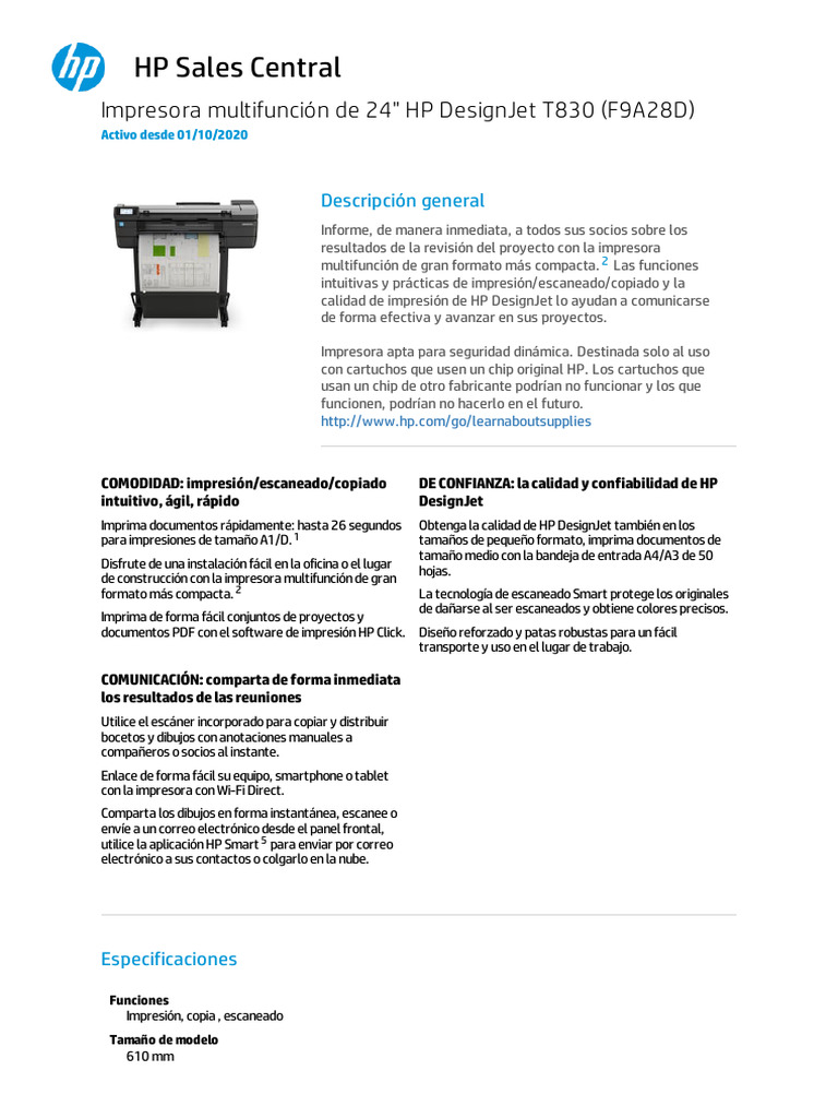 HP Sales Central: Impresora Multifunción de 24" HP Designjet T830 (F9A28D) | PDF | Impresora ...