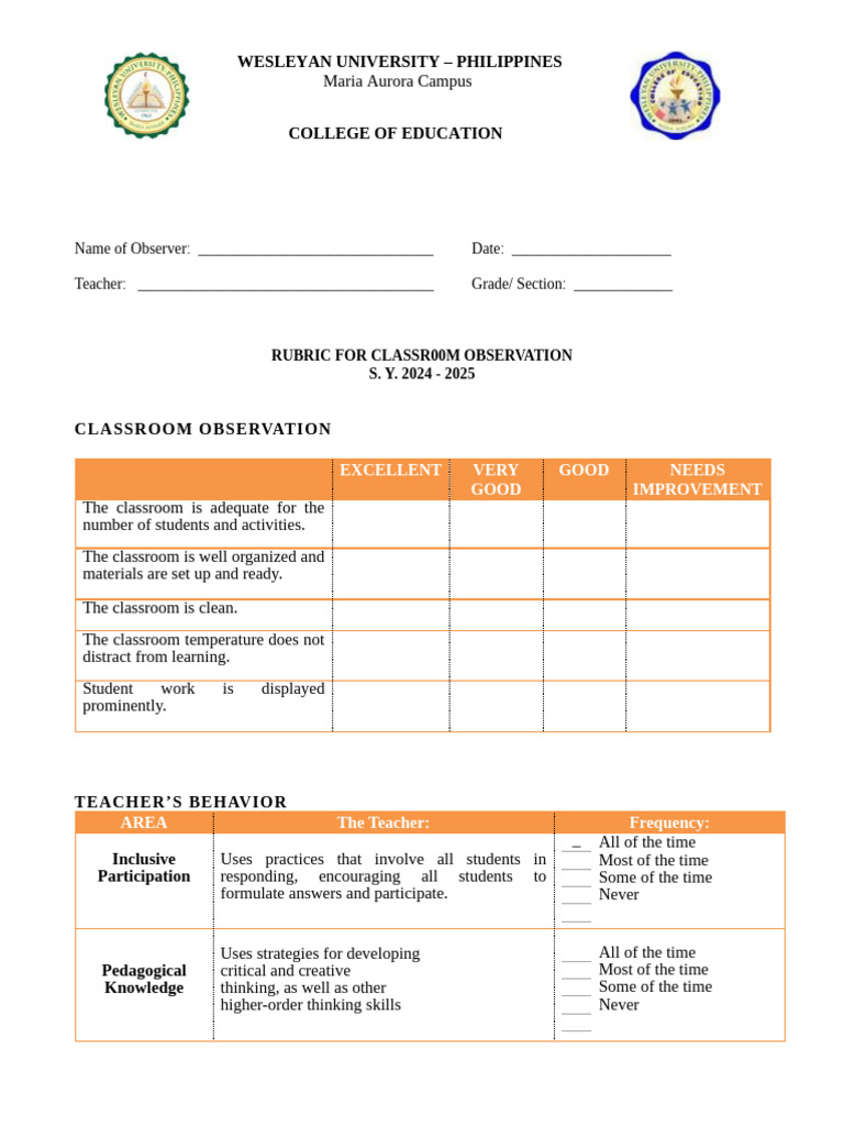 Classroom Observation Forms 2024 2025 | PDF | Learning | Teachers