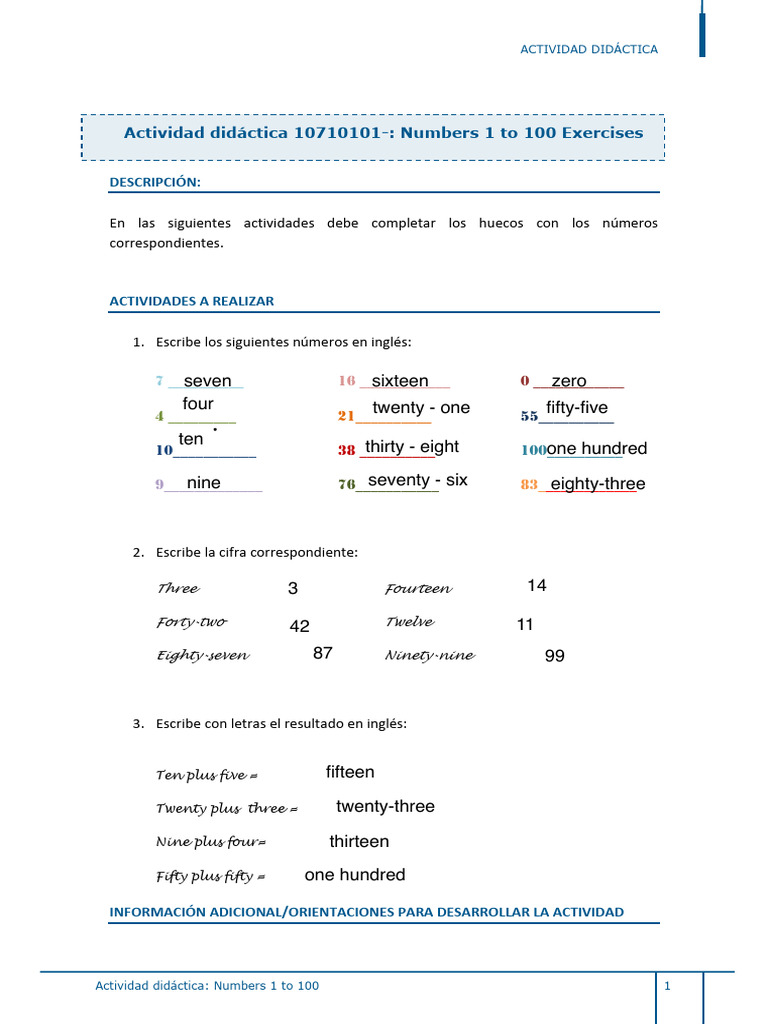 Actividad Didáctica: Números 1 a 100 | PDF