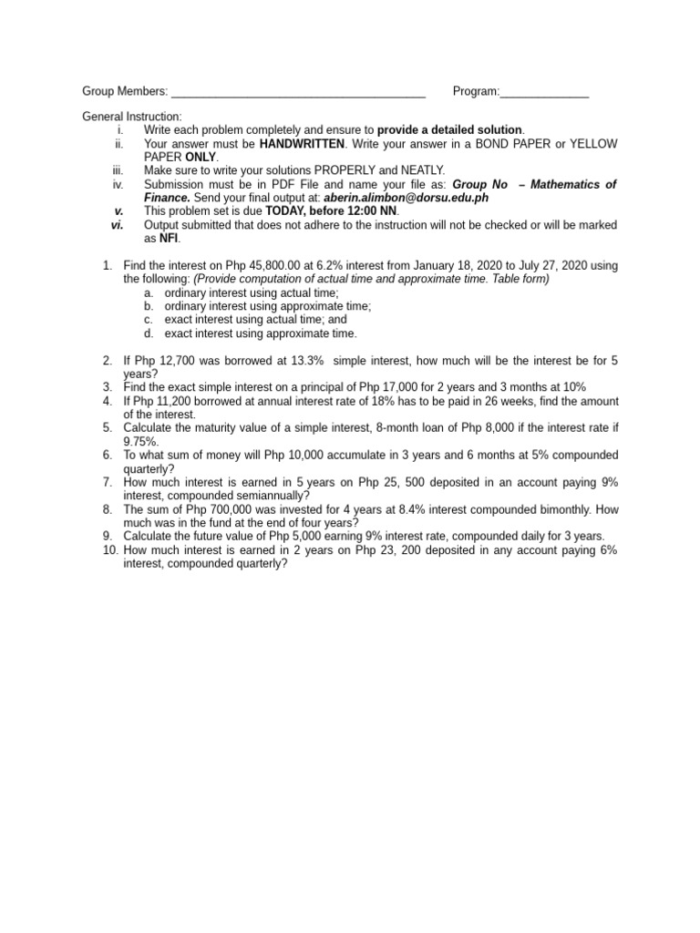 Mathematics of Finance Problem Set | PDF