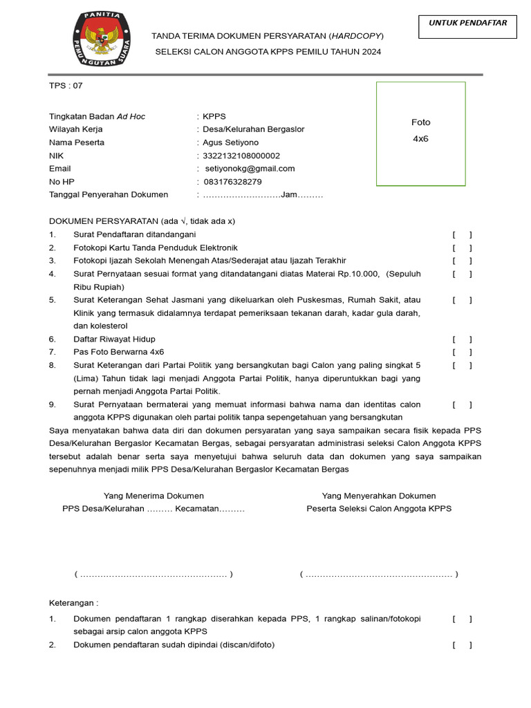 Tanda Terima Dokumen Persyaratan KPPS | PDF