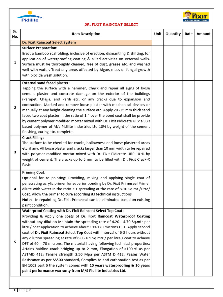 BOQ Dr. Fixit Raincoat Select | PDF | Plaster | Concrete