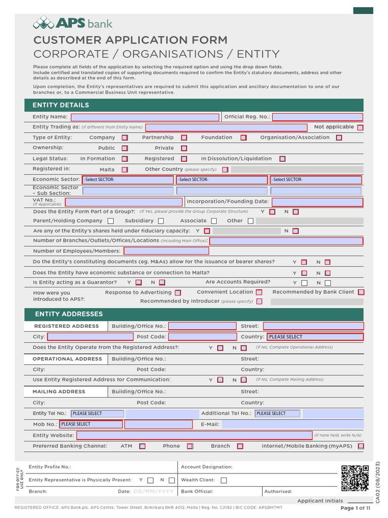 CA02-Customer-Application-Form-Corporate-Organisations-Entities (1) | PDF | Banks | Cash