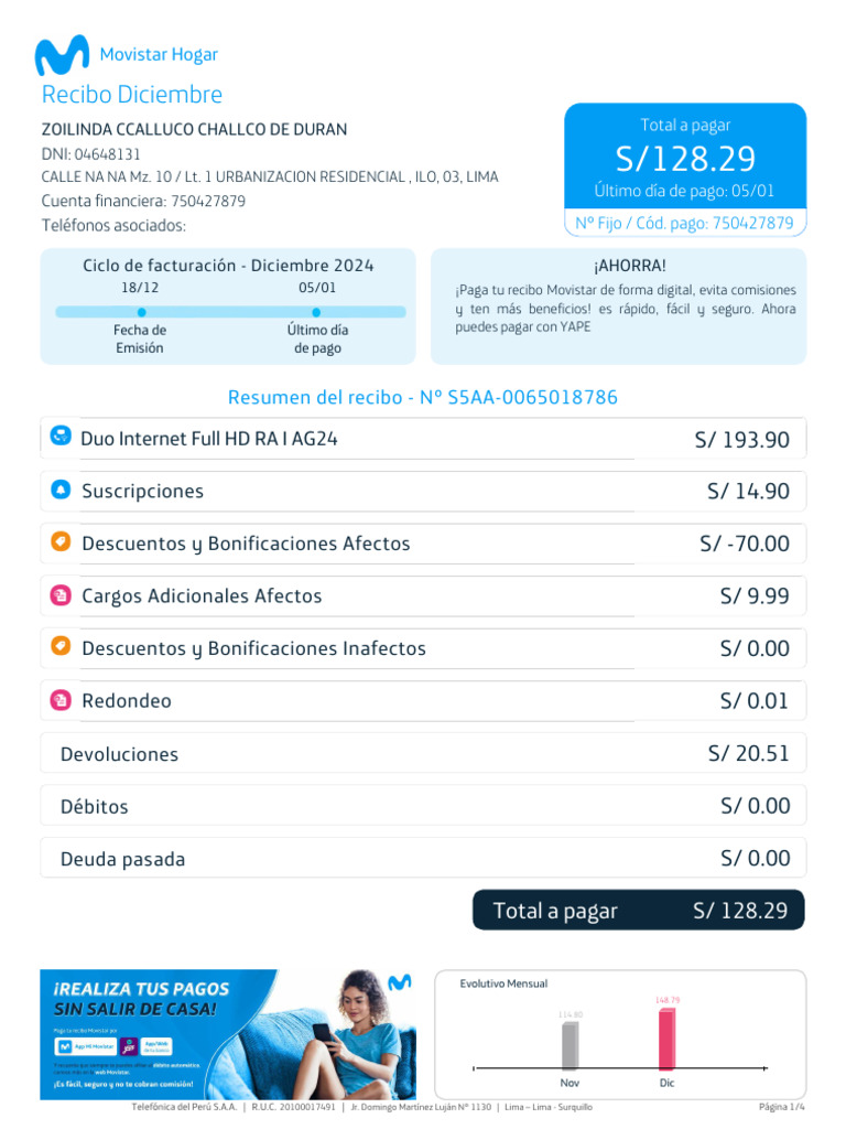 Recibo Movistar Diciembre 2024 | PDF | Servicios financieros | Finanzas ...