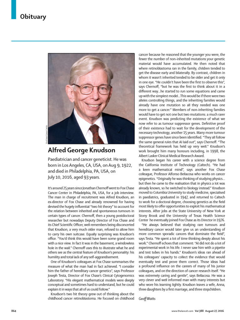 Alfred George Knudson - Lancet | PDF | Tumor Suppressor Gene | Biology