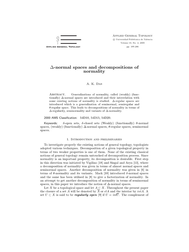 Normal Spaces and Decompositions of | PDF | Mathematical Analysis | Topological Spaces