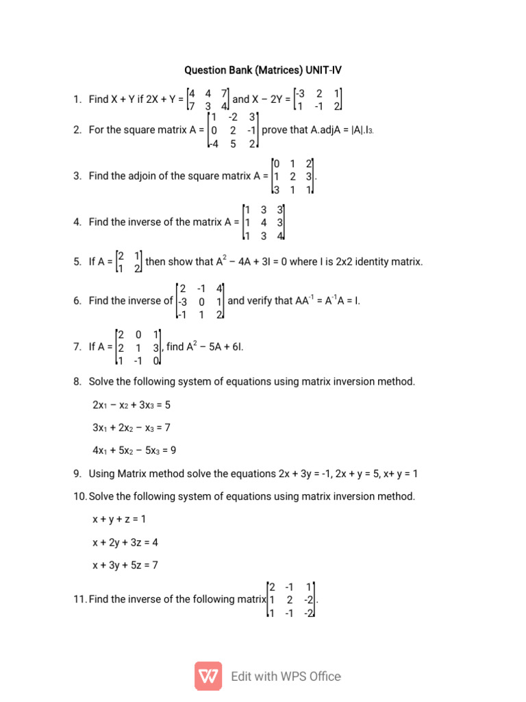 Question Bank Matrices Unit-IV | PDF | Matrix (Mathematics) | Mathematical Physics
