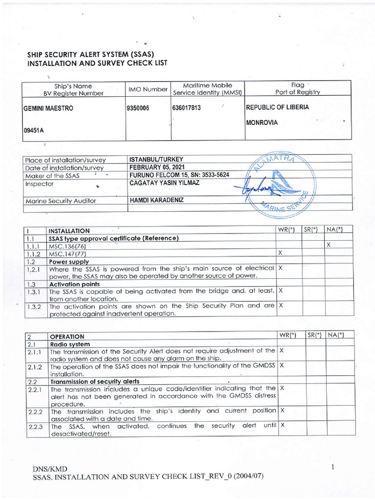 SSAS Installation and Survey Checklist | PDF | Shipping | Ships