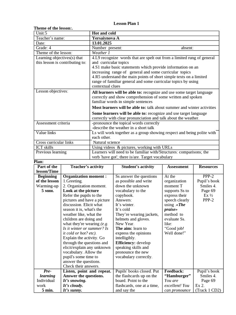 Grade 4 Weather Lesson Plan | PDF | Vocabulary | Teachers
