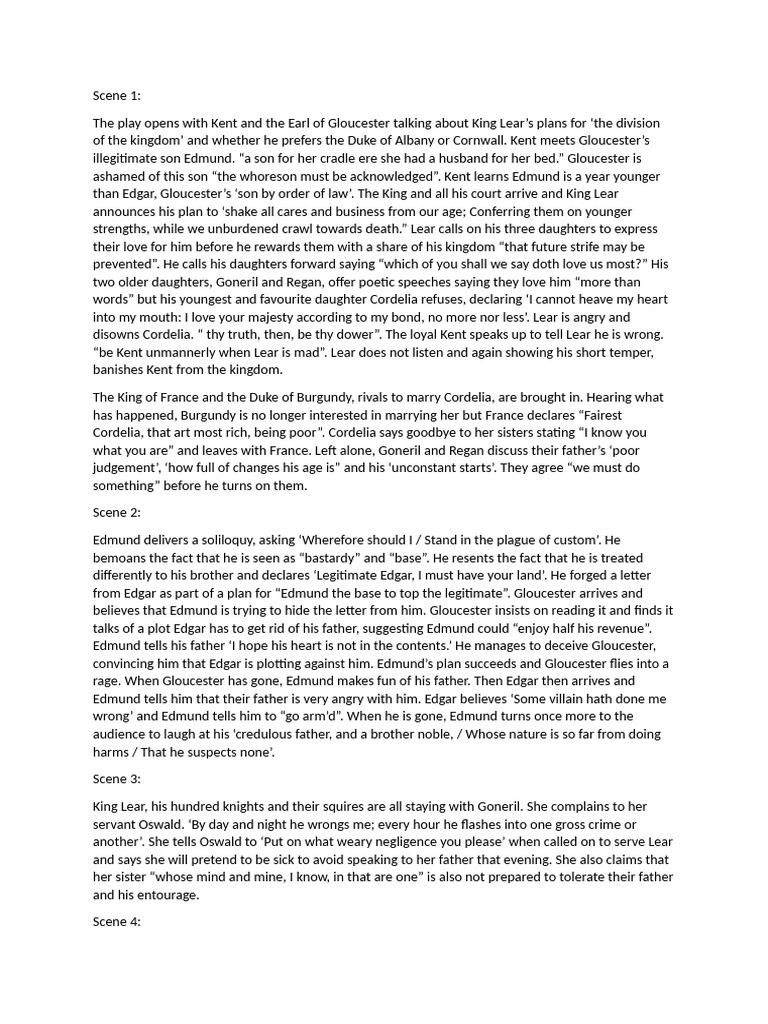 King Lear Act 1 Summary | PDF | King Lear | Shakespearean Tragedies