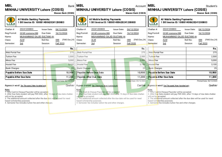 Sajid Fee Dec 2024 | PDF | Cheque | Fee