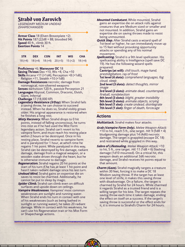 Strahd Von Zarovich Level Up Stat Block | PDF