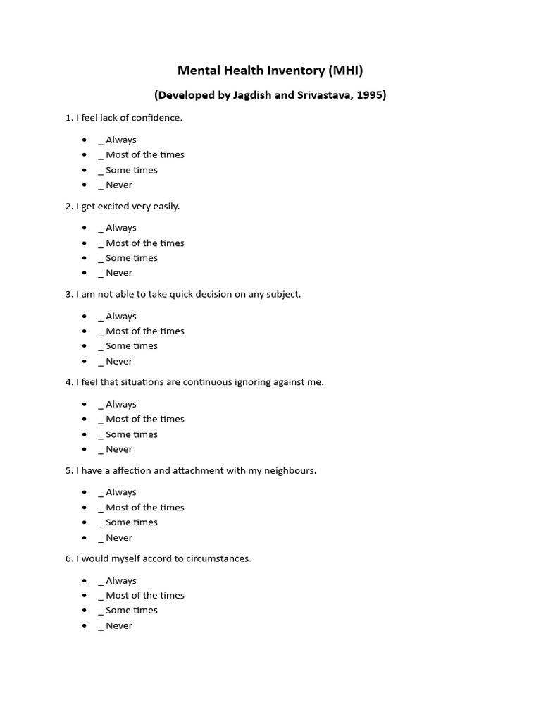 Mental Health Inventory Questionnaire | PDF | Psychology ...