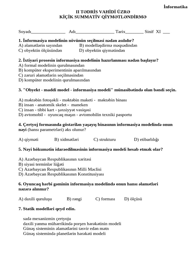 İnformatika XI Sinif KSQ 2 | PDF