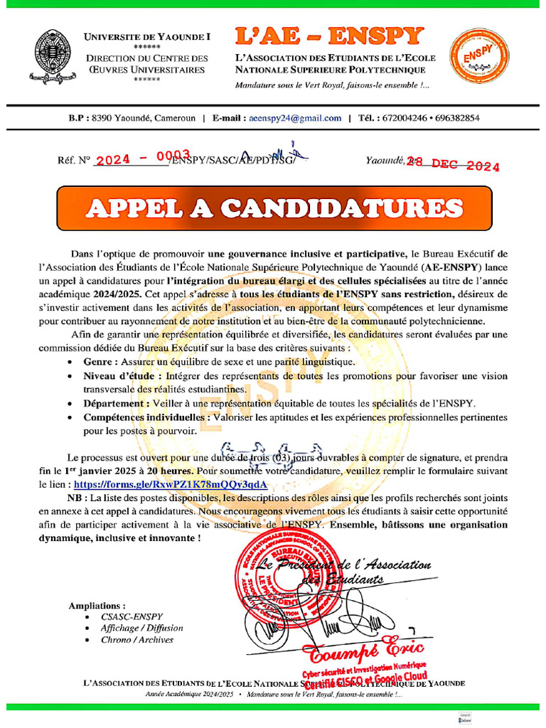 Ae - Enspy - Appel - A - Candidatures - Bureau - Elargi-Fr Ang | PDF