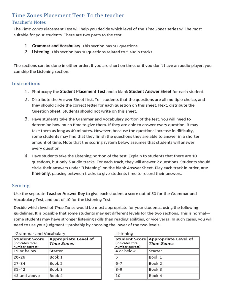 Time Zones 3e Placement Test Teacher Instructions | PDF | Learning ...