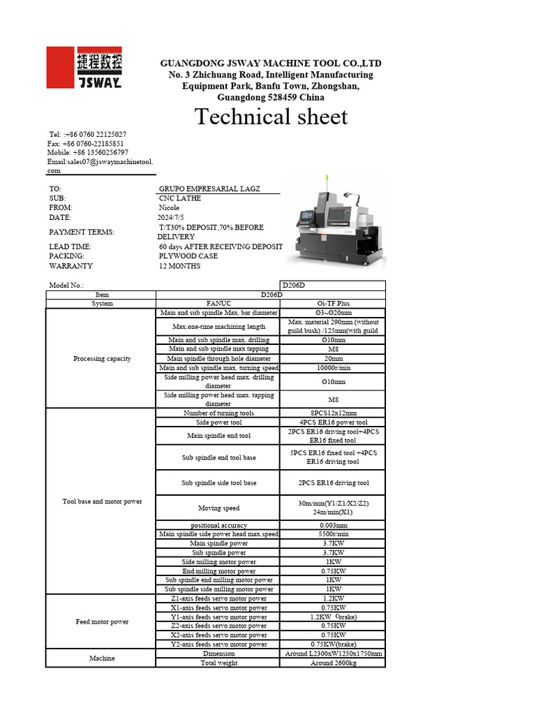 D206D Technical Sheet - JSWAY 20240705 | PDF | Equipment | Machines
