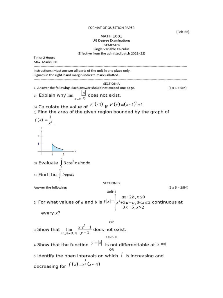 Model Paper For Cal1 (Single Variable Calculus 1) | PDF | Function (Mathematics) | Calculus