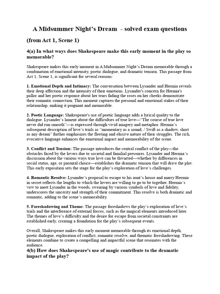 Exam Questions on A Midsummer Night's Dream | PDF | A Midsummer Night's ...