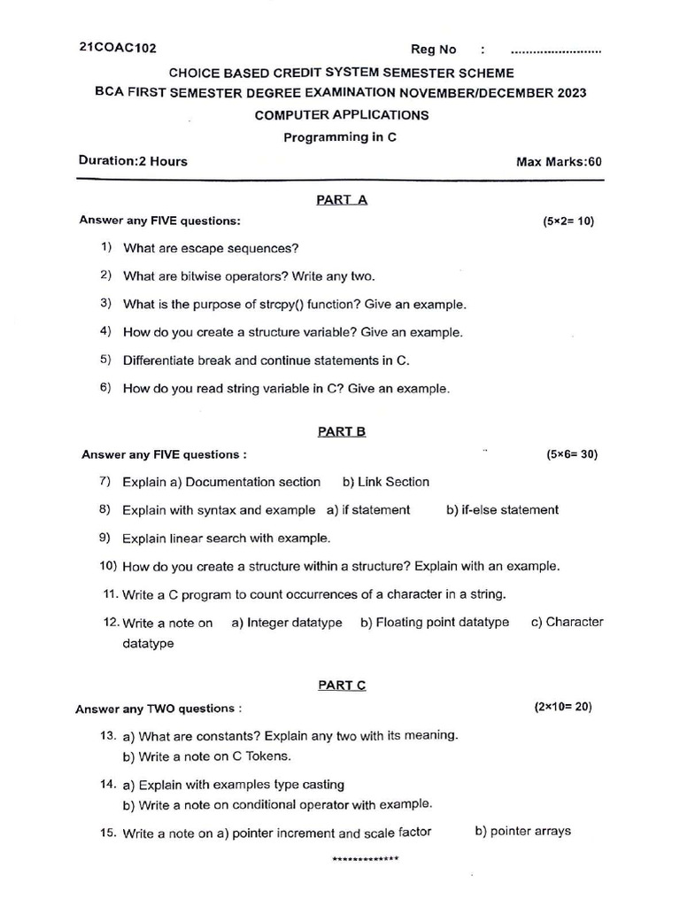 Bca I Sem All Paper Nov Dec 2023 | PDF | Pointer (Computer Programming ...