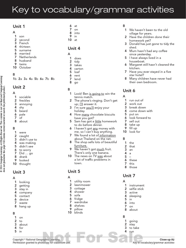 Close-Up - A2 - Extra Vocabulary and Grammar Tasks Key | PDF