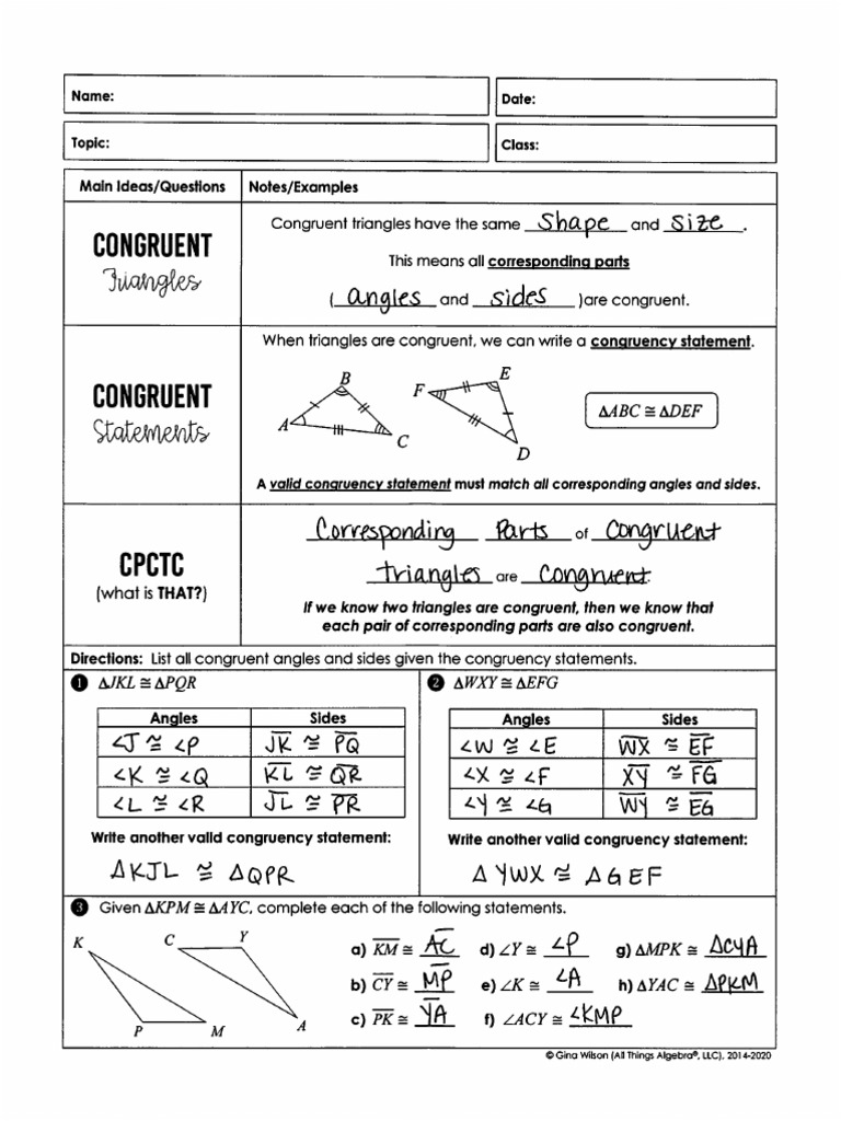 Notes CW Triangle Congruence Introduction Answer Key | PDF