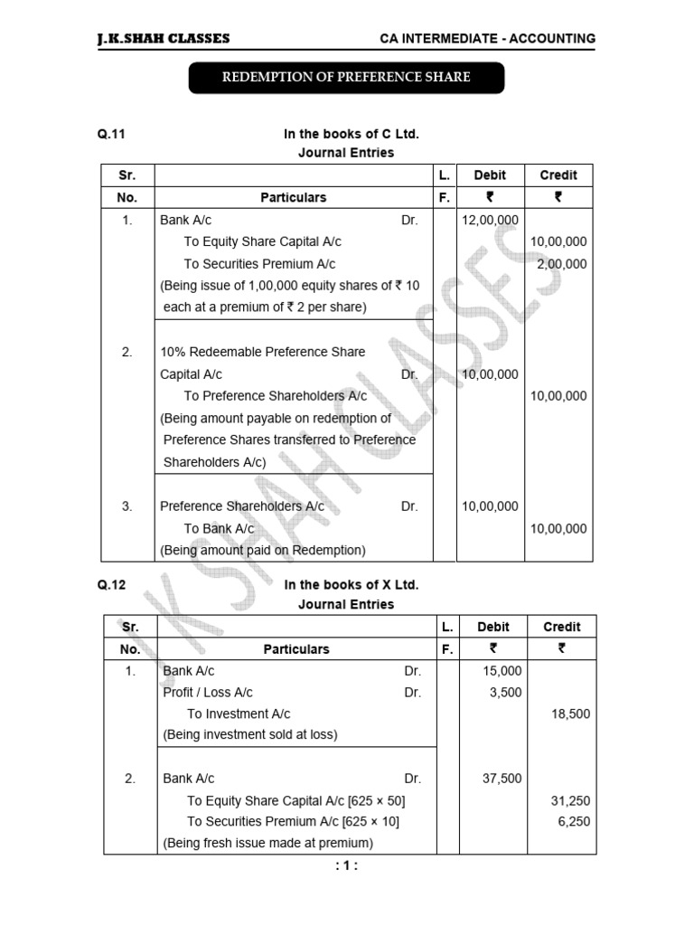 Redemption of Preference Share | PDF | Equity (Finance) | Debits And ...