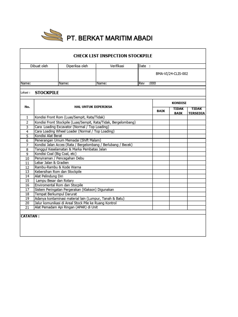 BMA-VI-24-CLI-000-Check-list-Inspeksi. REv.1 | PDF