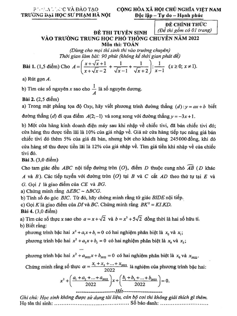 De Tuyen Sinh Lop 10 Chuyen Mon Toan Nam 2022 Truong Dhsp Ha Noi | PDF