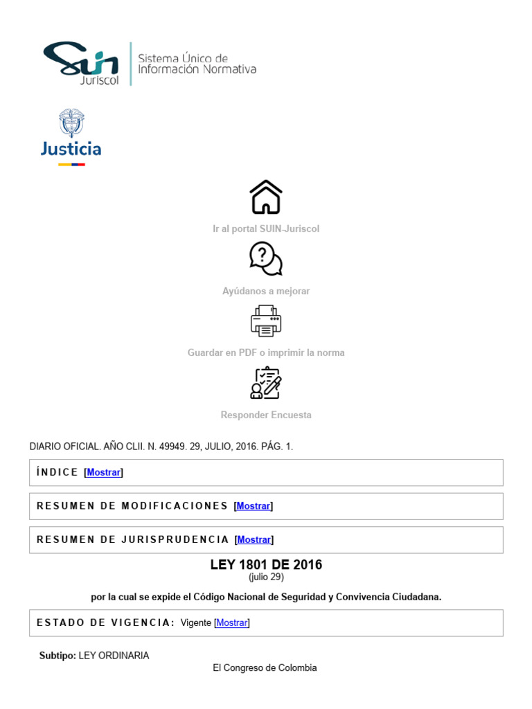 Ley 1801 de 2016 | PDF | Policía | Regulación