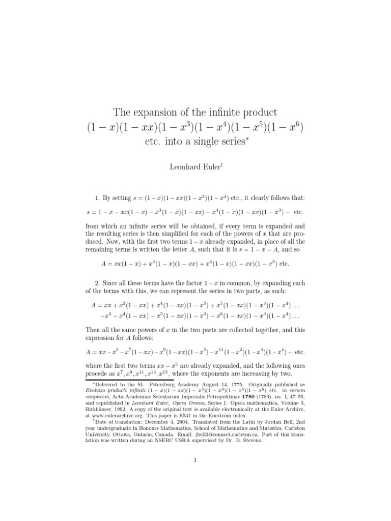 Euler L. - The Expansion of the Infinite Product Into a Single Series (1775) | PDF ...
