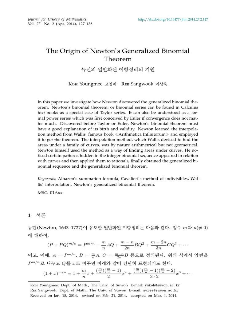 The Origin of Newton's Generalized Binomial Theorem | PDF