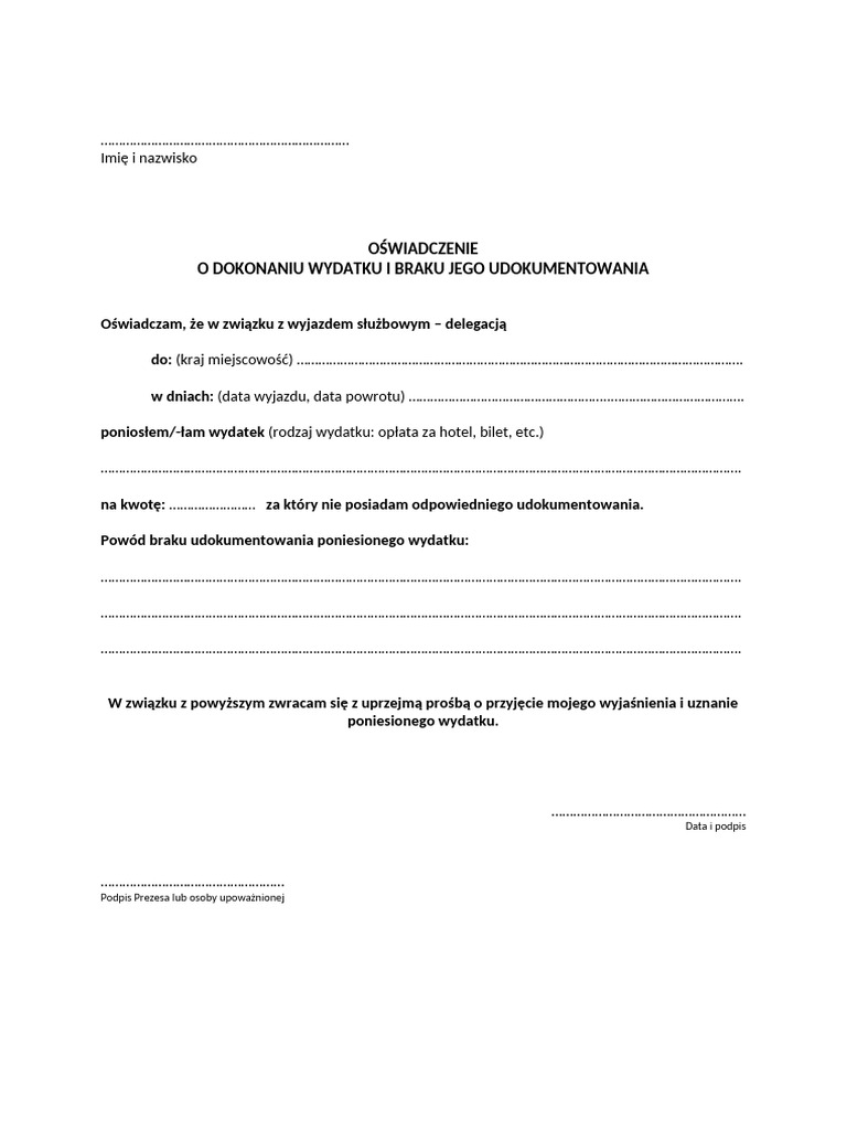 Oświadczenie Brak Udokumentowania Wydatku | PDF