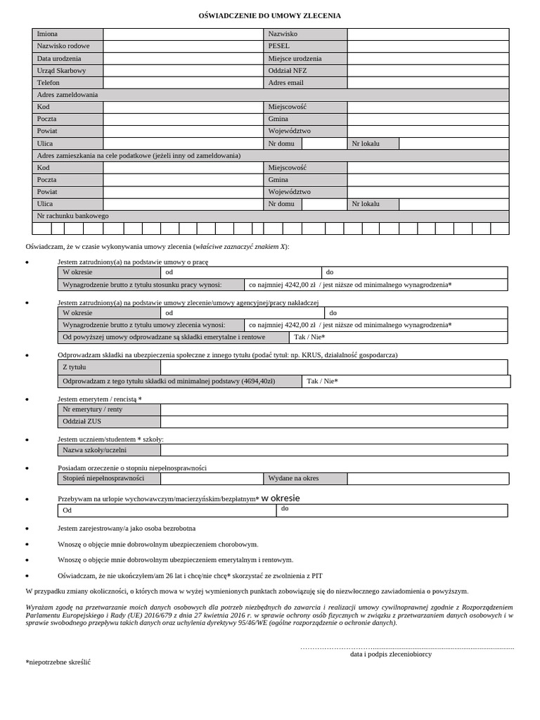 Oświadczenie Do Umowy Zlecenia Wzór 2024 | PDF