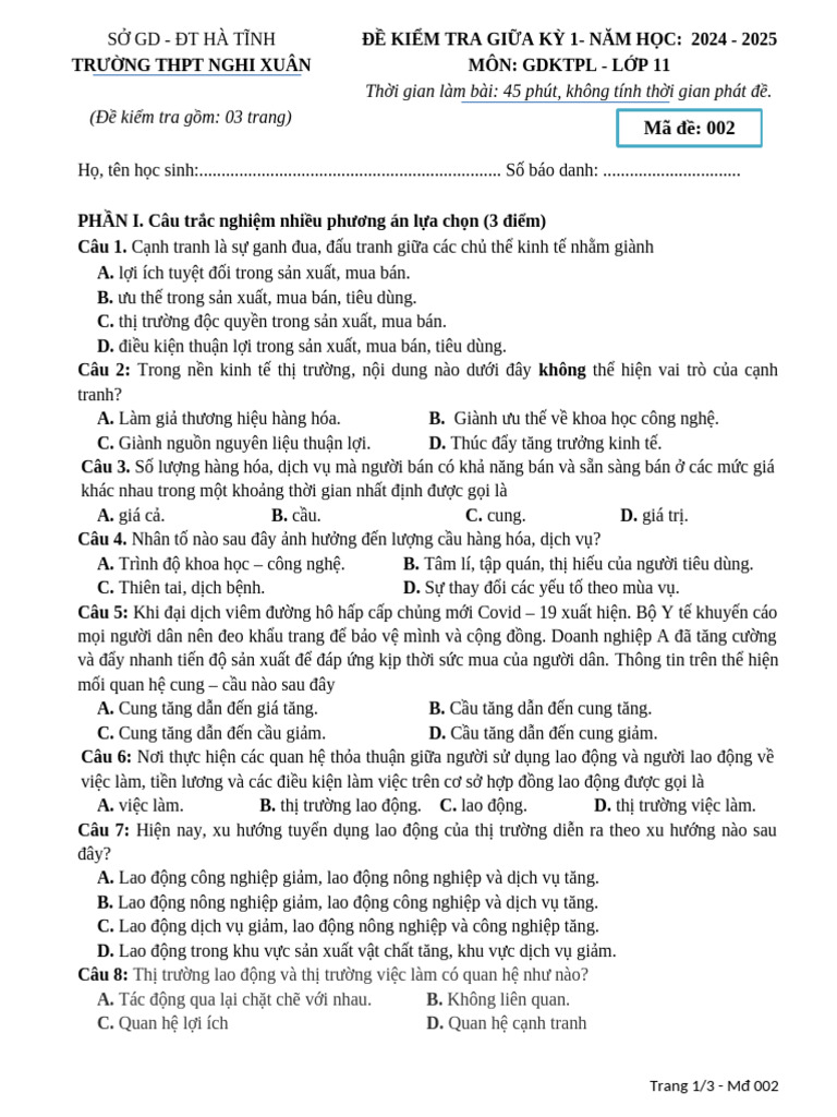 ĐỀ GK1 KHỐI 11 NĂM 2024-2025 | PDF