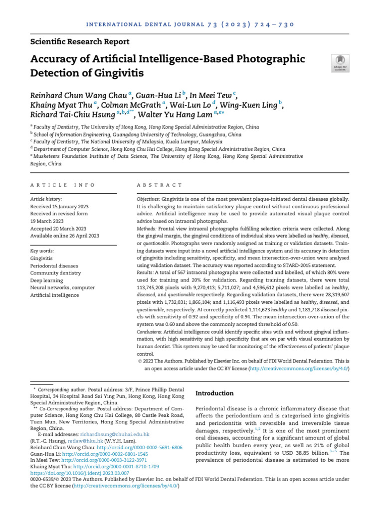 Accuracy of Artificial Intelligence Based Photograph 2023 International Dent | PDF | Sensitivity ...