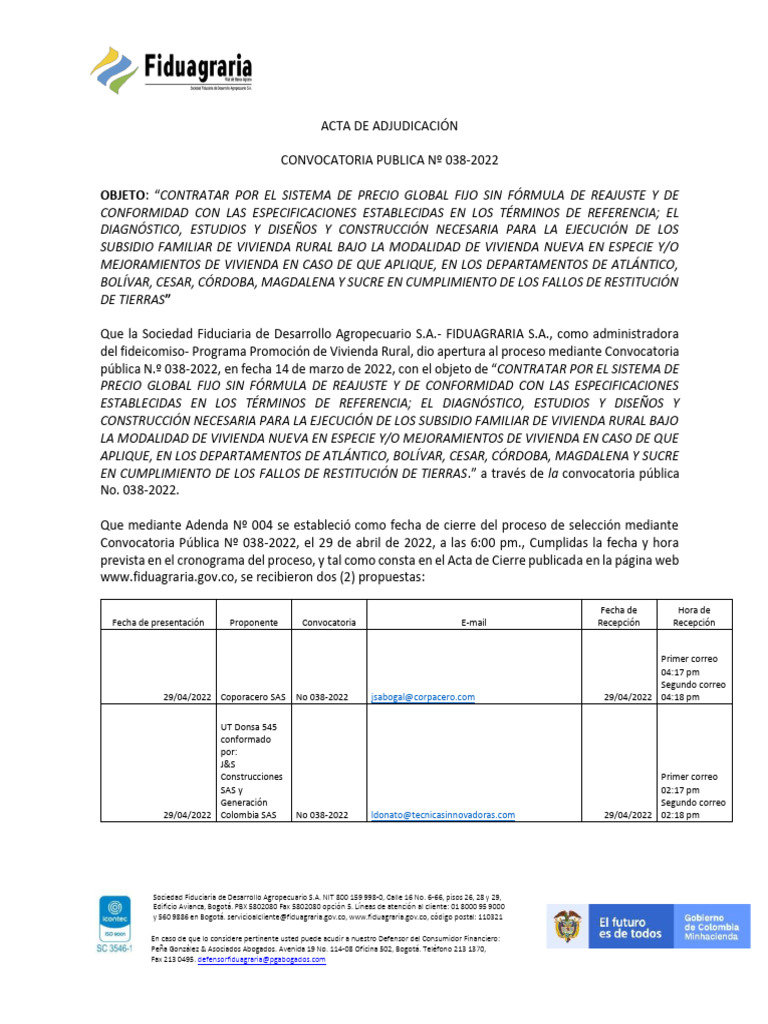 Acta de Adjudicación convocatoria pública # 038-2022 VF | PDF