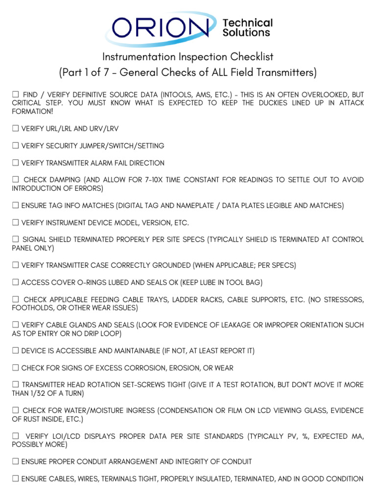 Instrumentation Inspection Checklist Part 1 | PDF