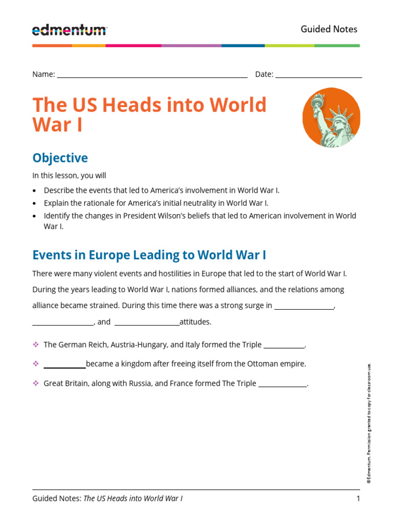 Guided Notes National US History A4.01 The US Heads Into World War I ...