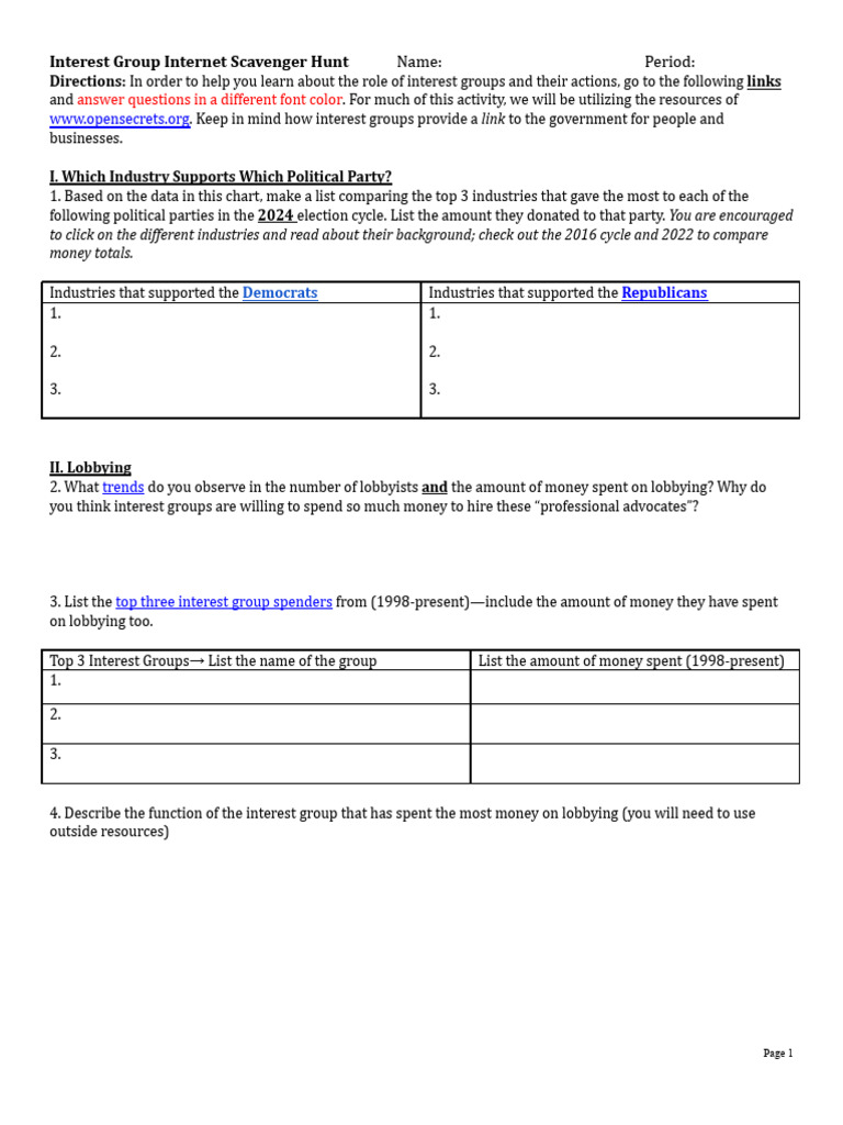 Interest Group Internet Scavenger Hunt 2024 | PDF | Political Action ...