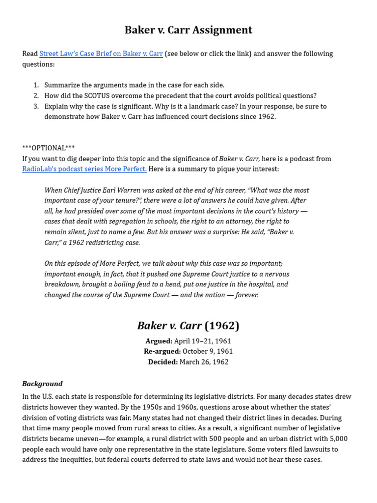Baker v. Carr Assignment | PDF | Equal Protection Clause | Fourteenth Amendment To The United ...